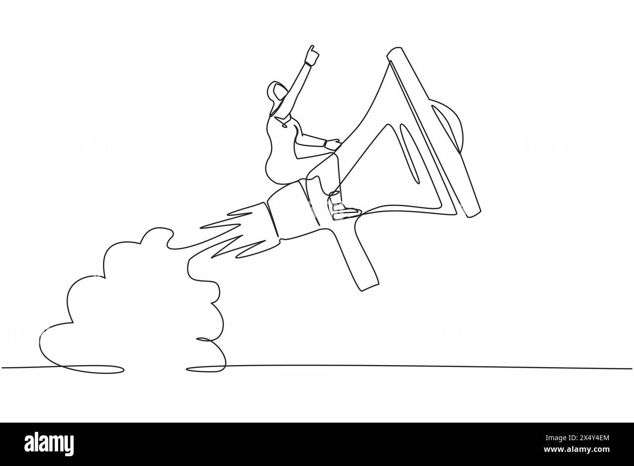 Single continuous line drawing Arab businesswoman riding megaphone ...