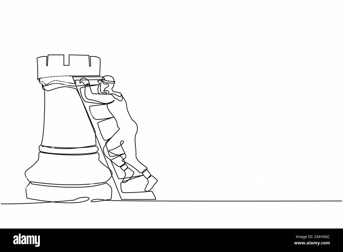 Single one line drawing Arabian businessman climb huge rook chess piece ...