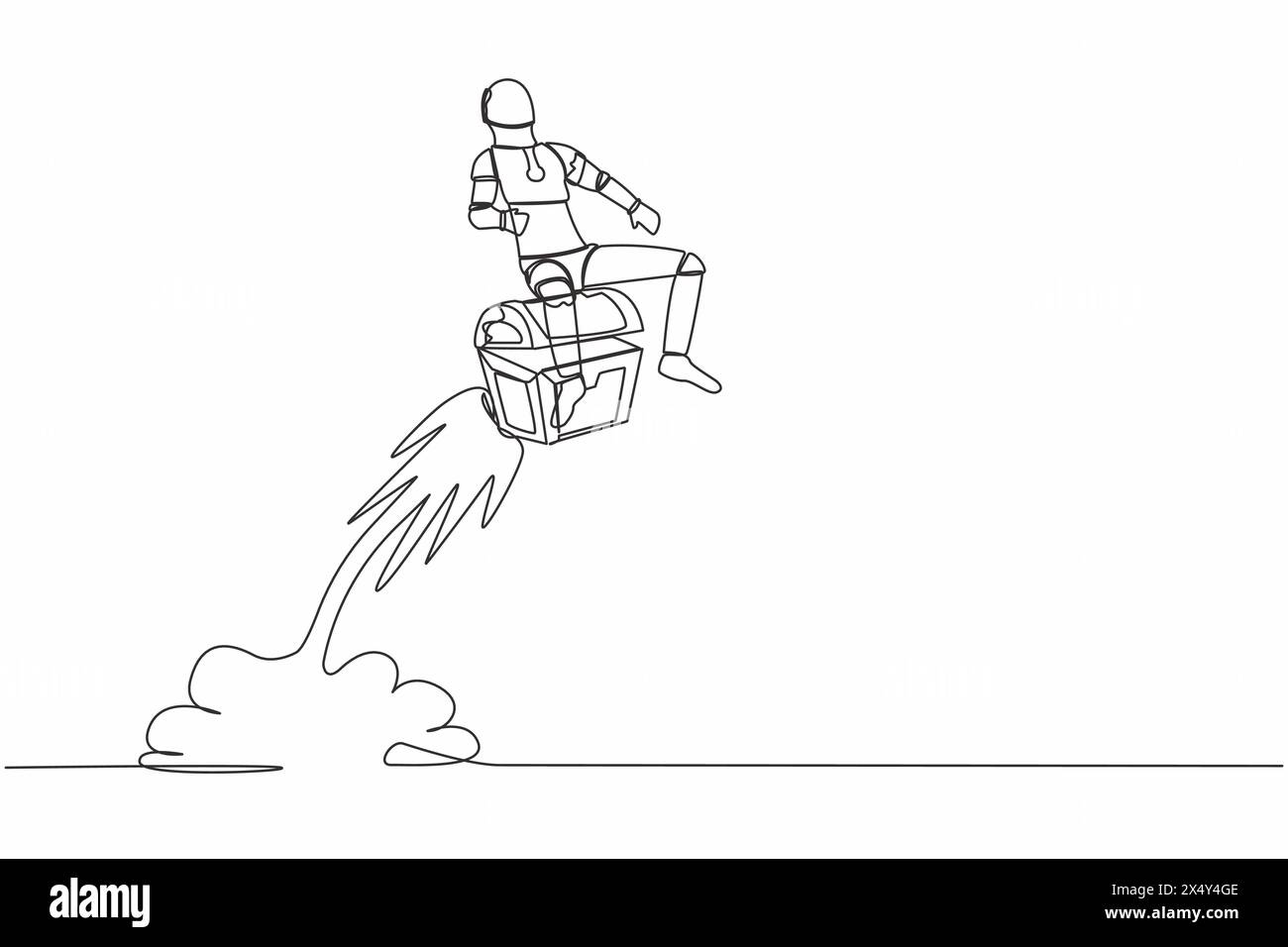 Single continuous line drawing robot riding treasure chest rocket ...