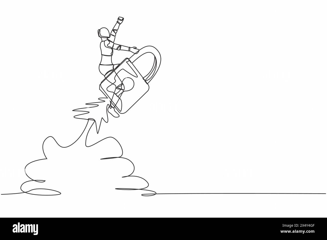 Single one line drawing robot riding padlock rocket flying in sky ...