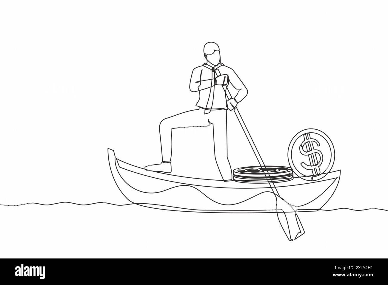 Continuous one line drawing businessman standing in boat and sailing ...