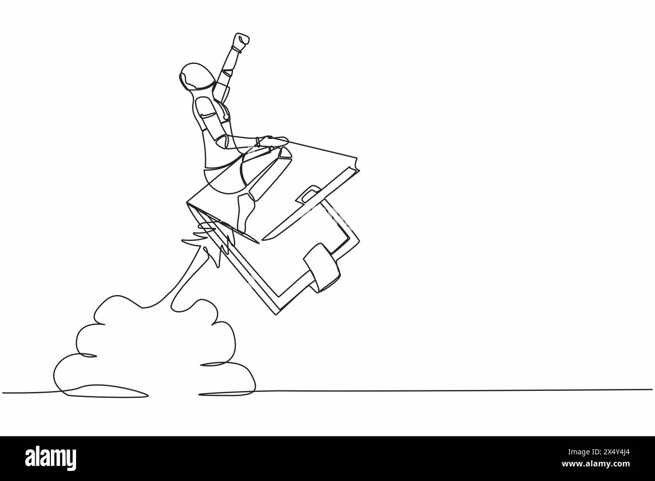 Continuous one line drawing robot riding wallet rocket flying in the ...