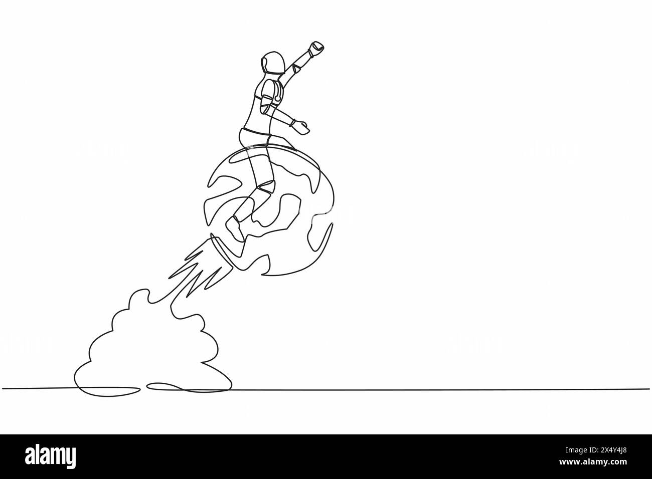 Single continuous line drawing of robot riding sphere globe rocket ...
