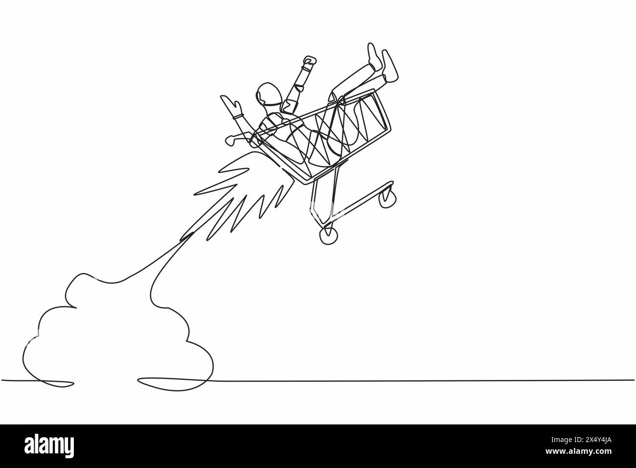Single one line drawing robot riding shopping trolley rocket flying in ...