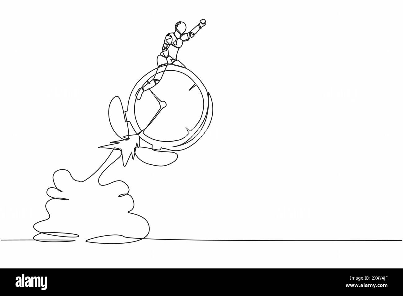 Single one line drawing robot riding alarm clock rocket flying in the ...