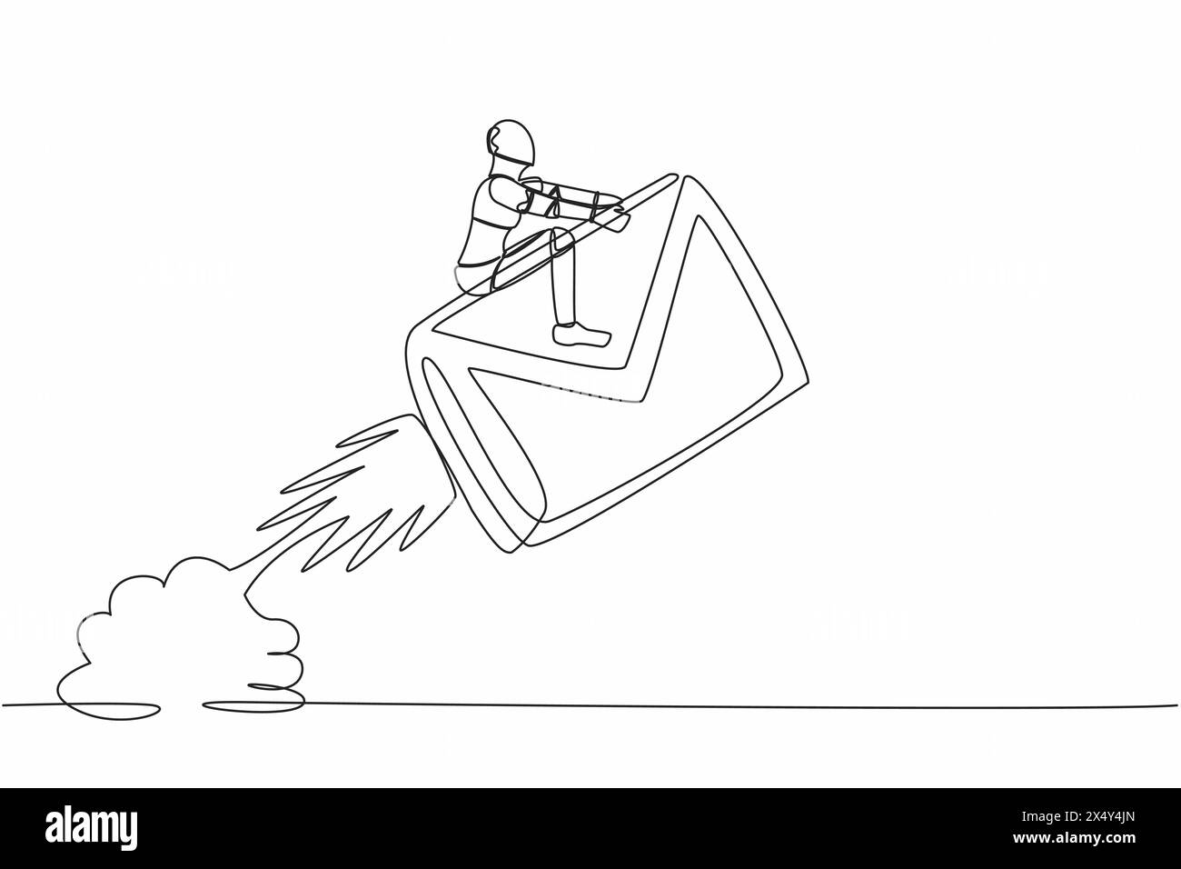 Single one line drawing robot riding paper envelope rocket flying in ...