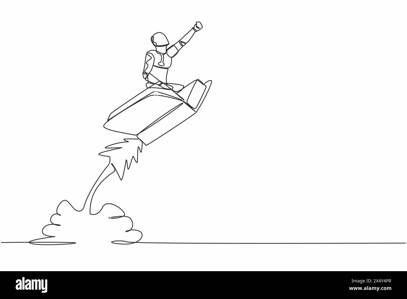 Single one line drawing robot riding book rocket flying in the sky ...