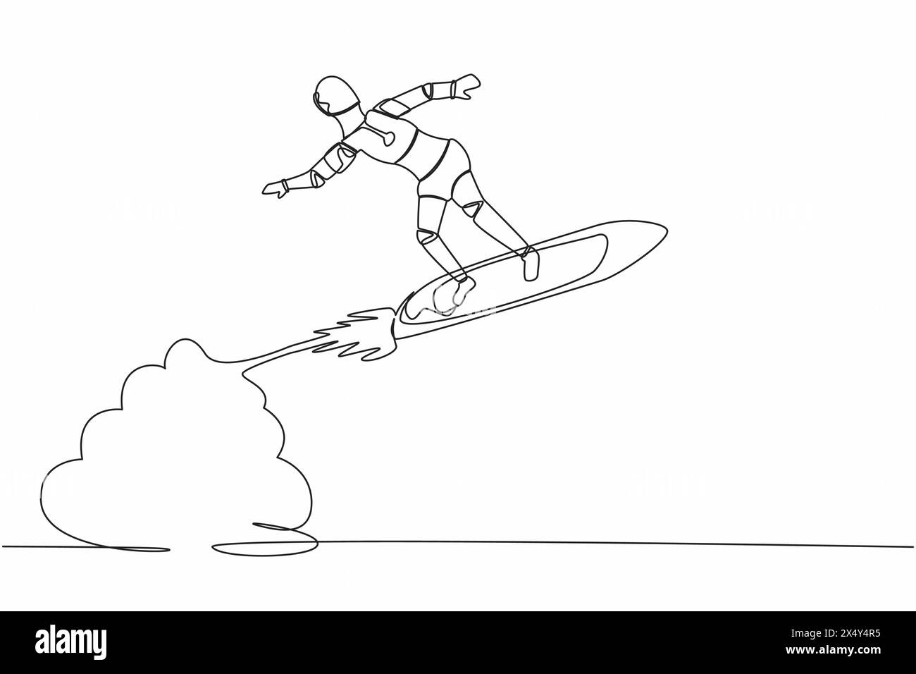 Single continuous line drawing robot riding surfing board rocket flying ...