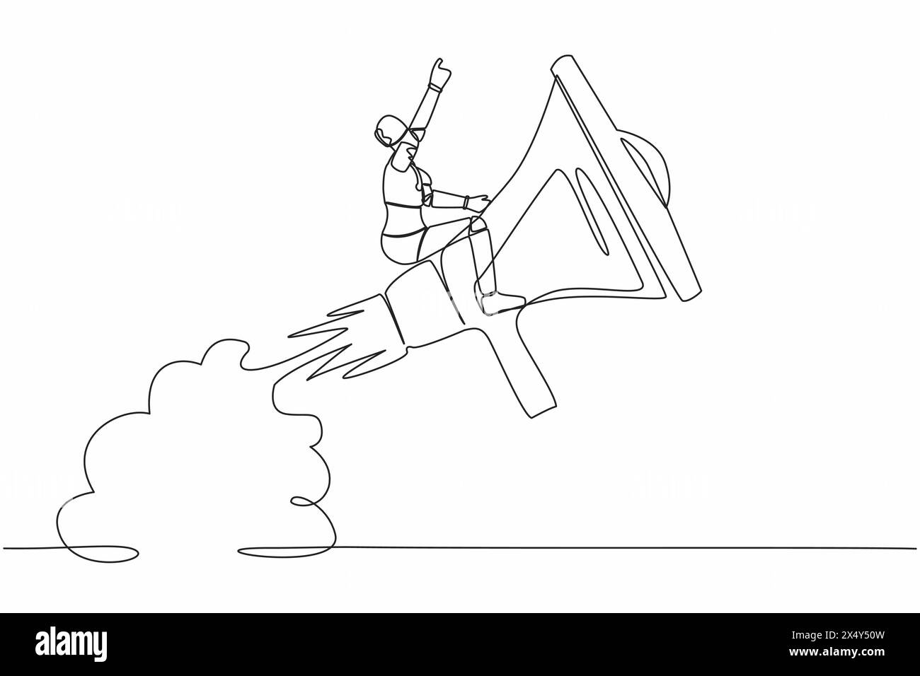 Continuous one line drawing of robot riding megaphone rocket flying in ...