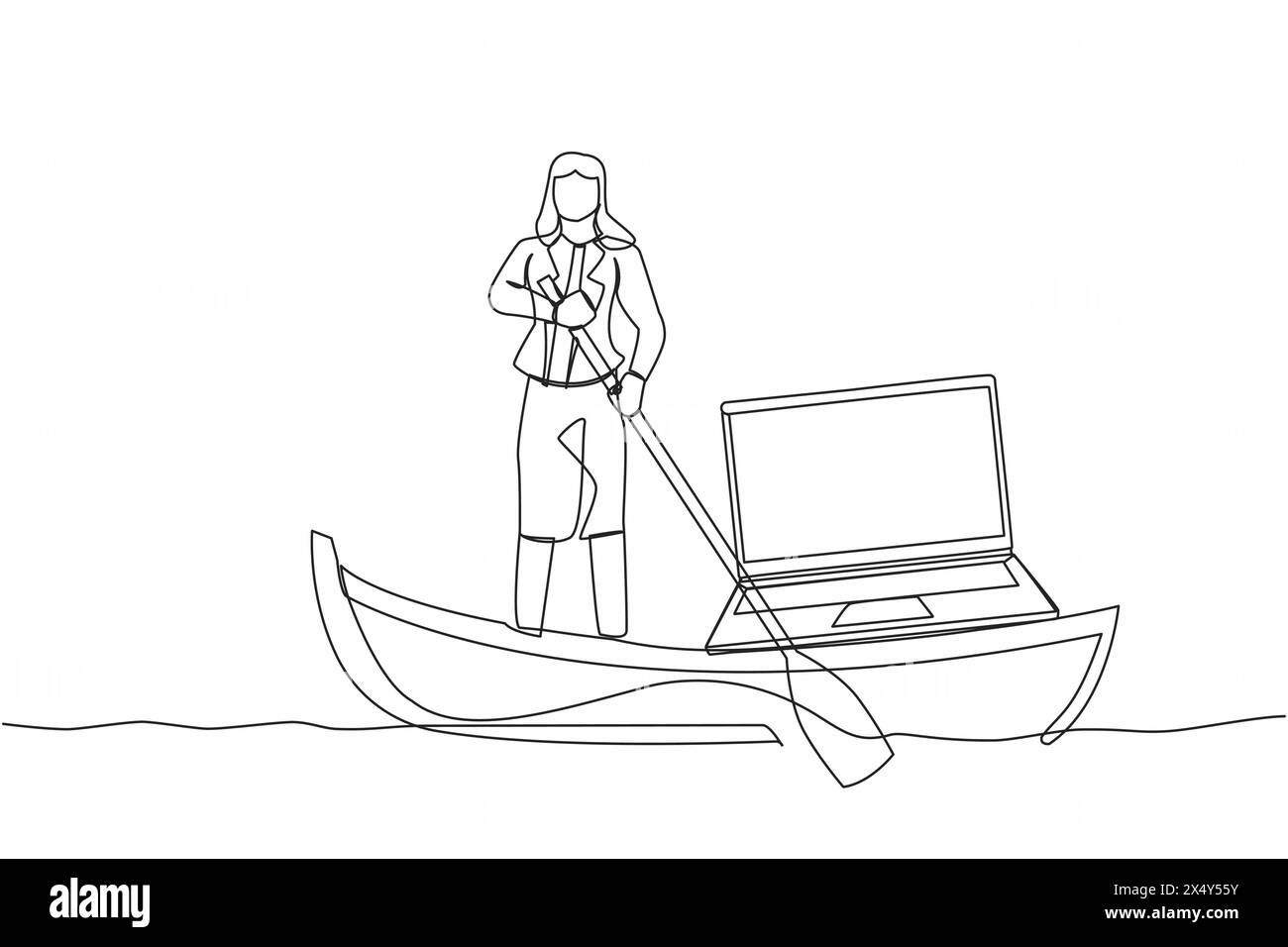 Continuous one line drawing businesswoman sailing away on boat with ...