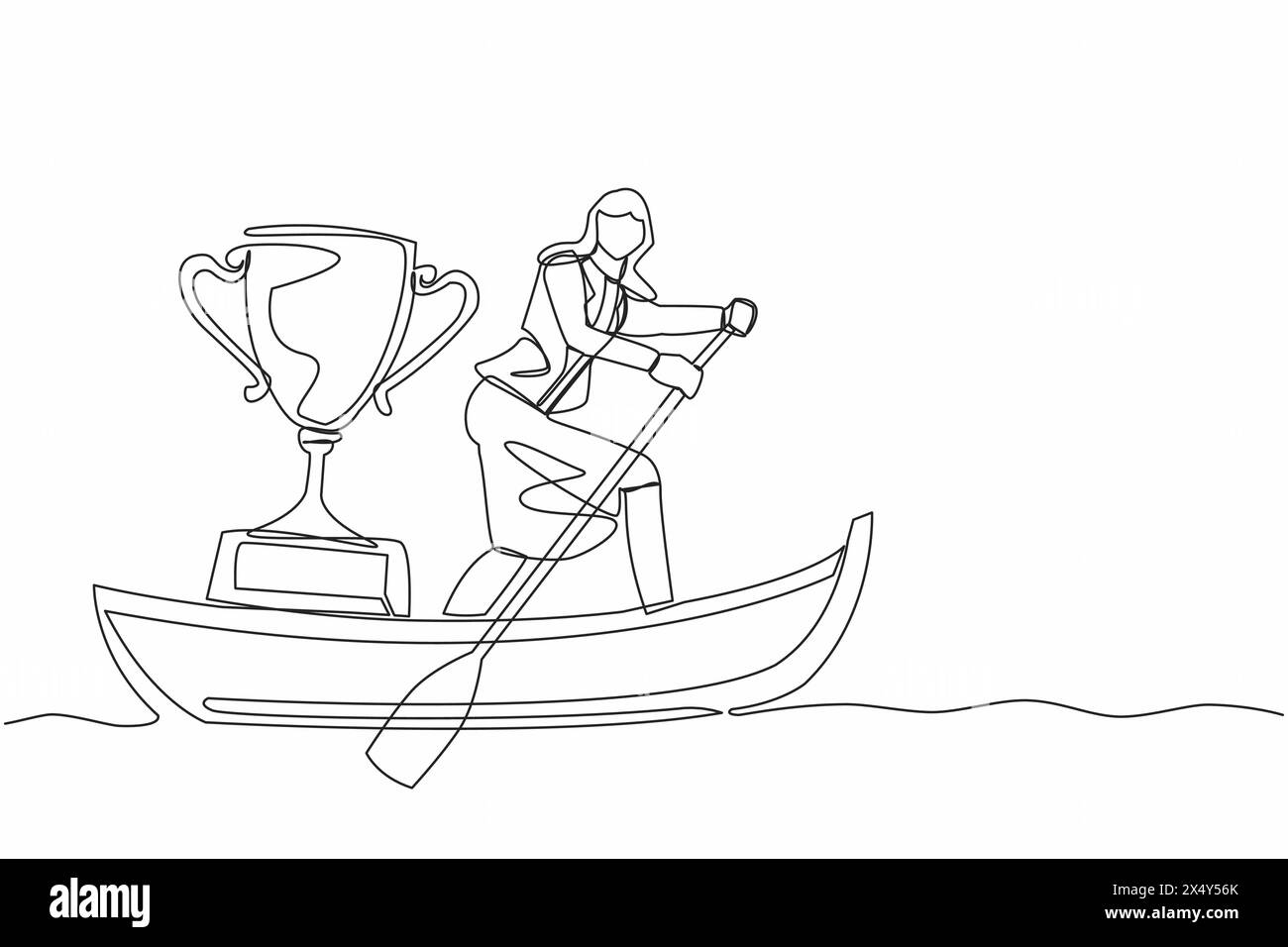 Single one line drawing attractive businesswoman sailing away on boat ...