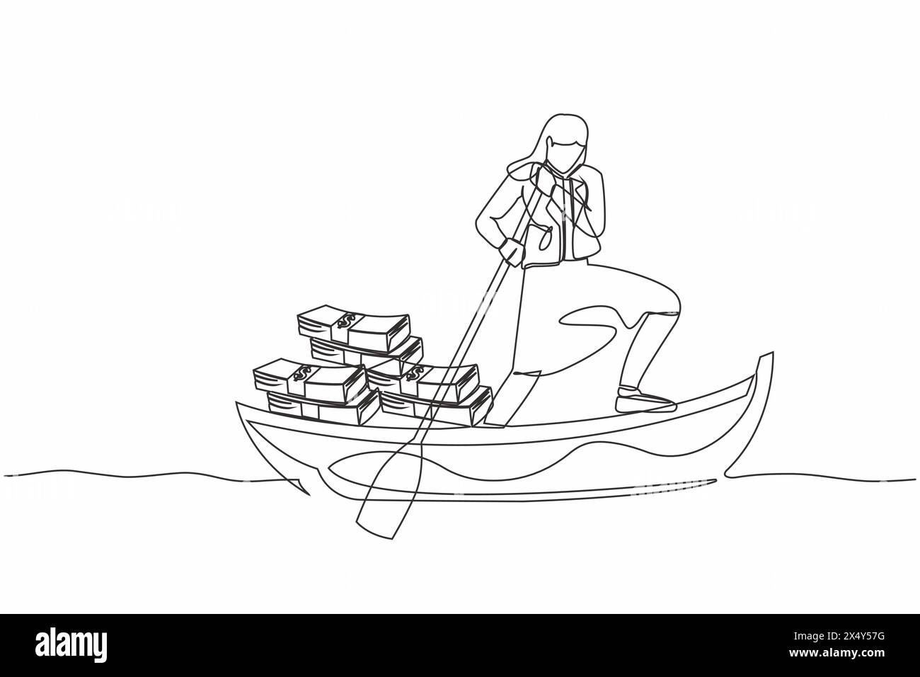 Single continuous line drawing businesswoman sailing away on boat with ...