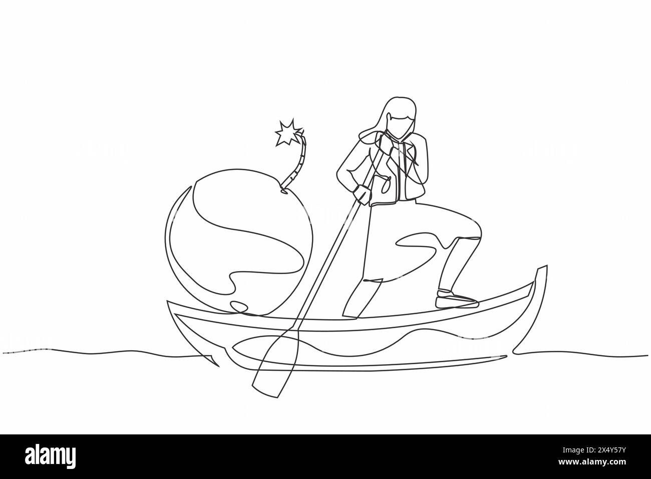 Single continuous line drawing businesswoman sailing away on boat with ...