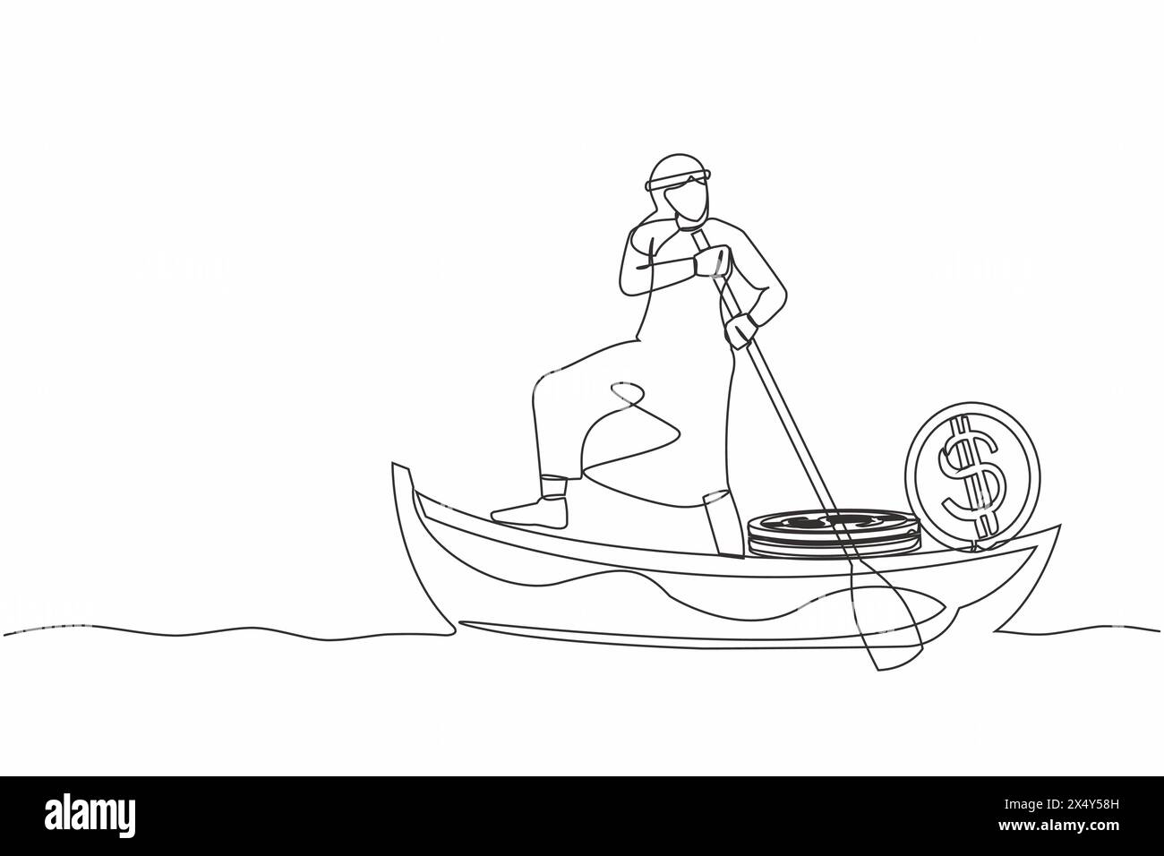 Single one line drawing Arabian businessman sailing away on boat with ...
