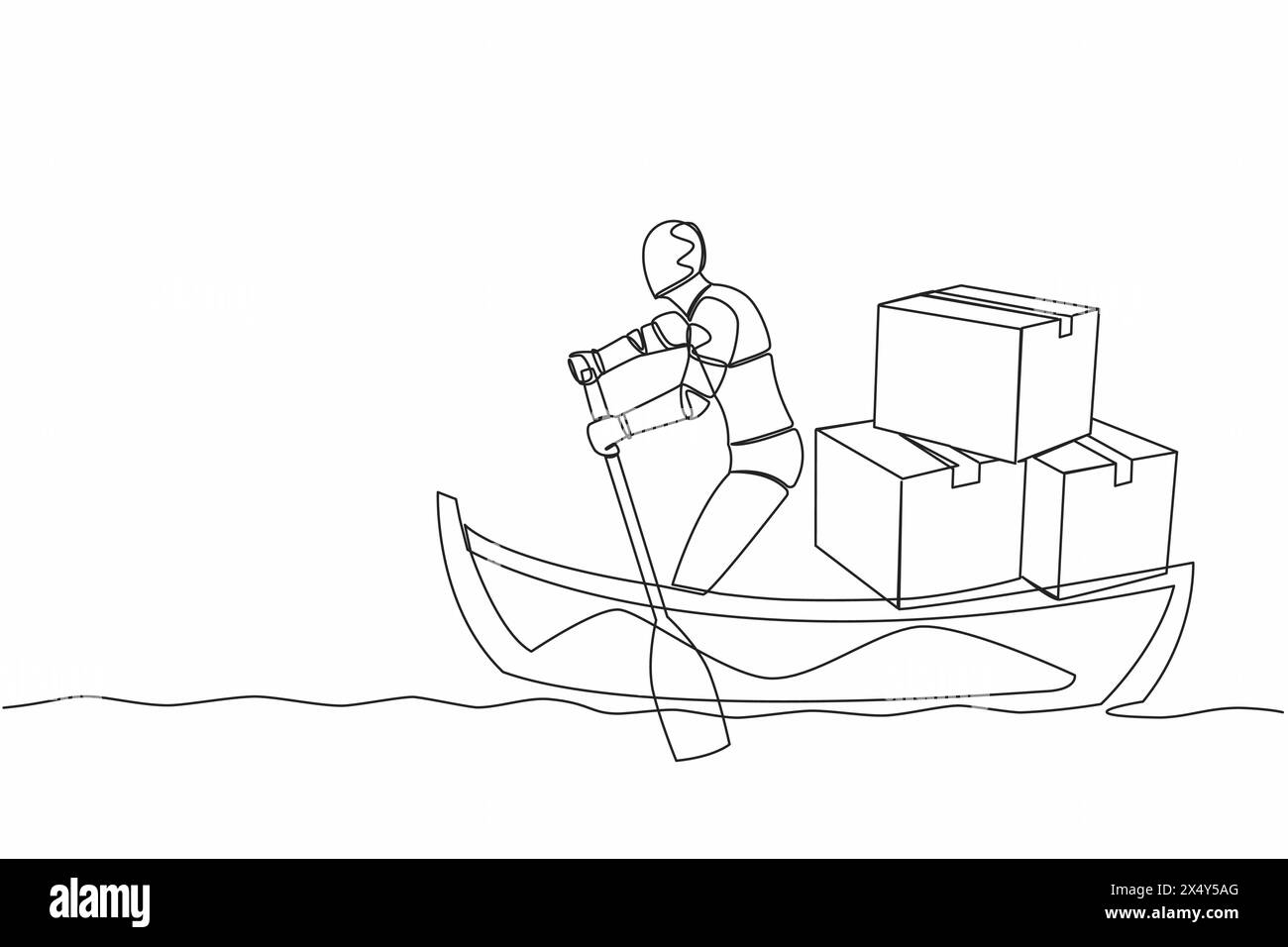 Continuous one line drawing of robot sailing away on boat with pile of ...