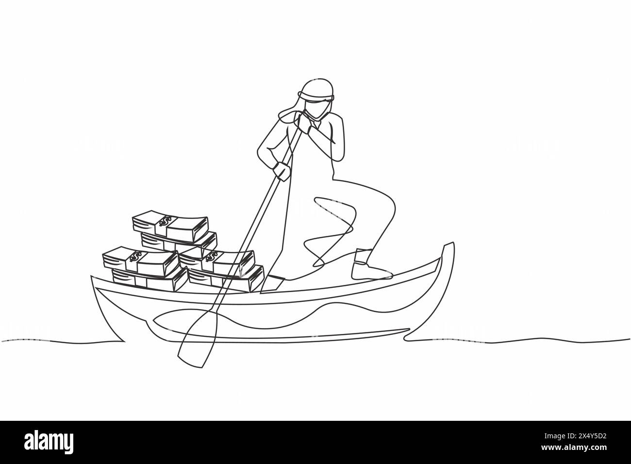 Single continuous line drawing Arab businessman sailing away on boat ...