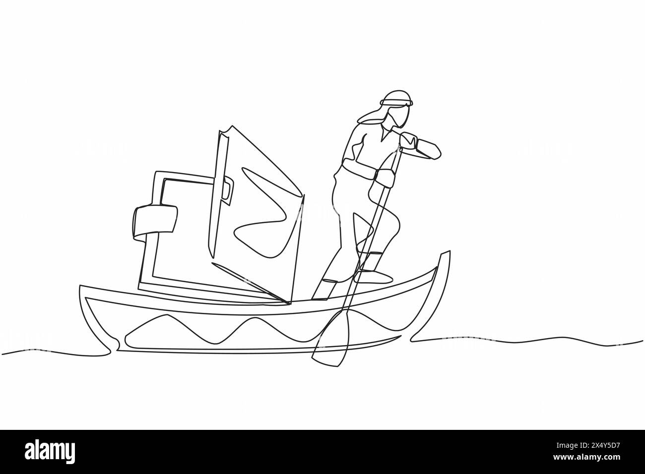 Single one line drawing Arab businessman sailing away on boat with ...