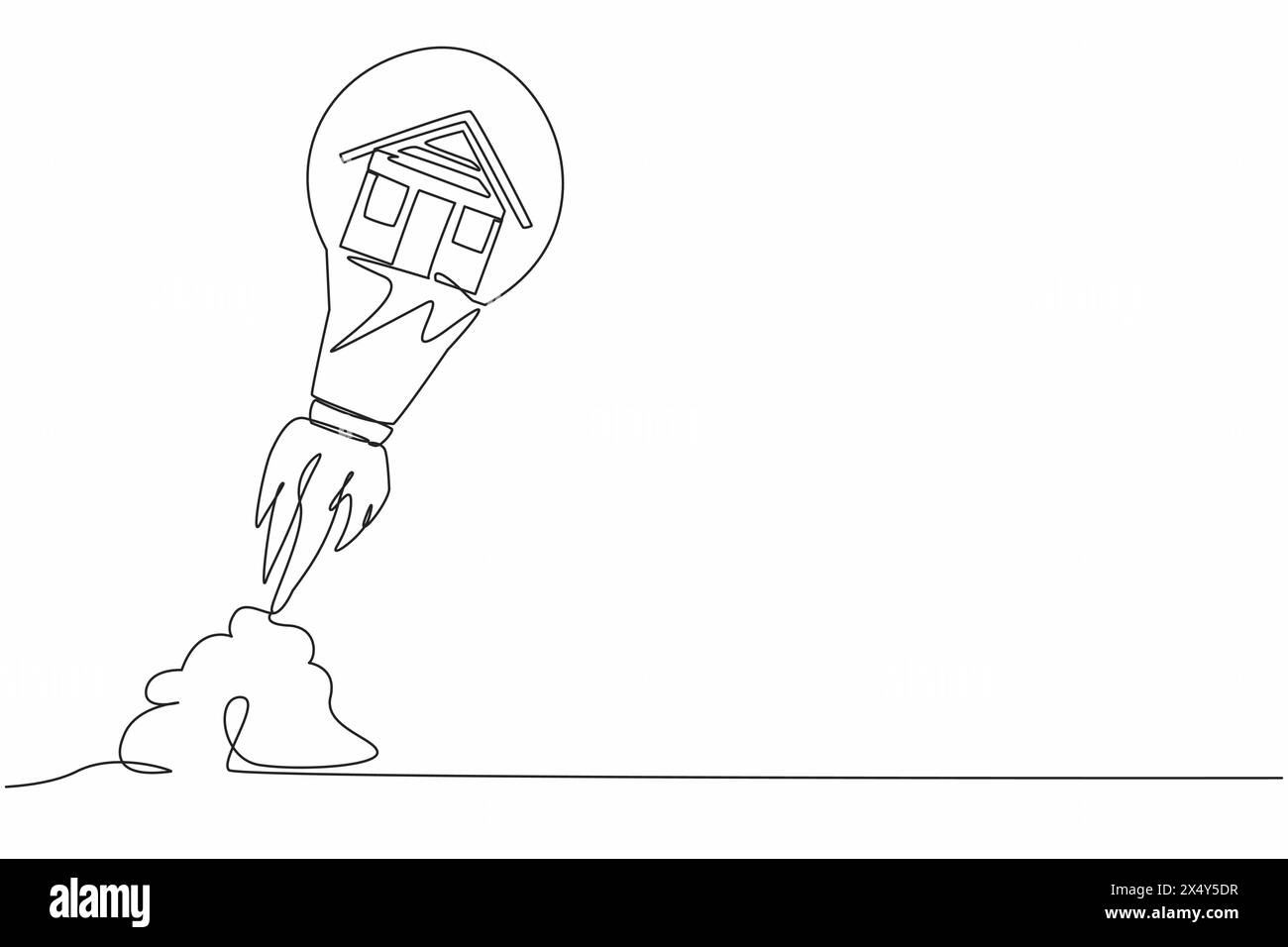 Single continuous line drawing house launching with light bulb. New ...