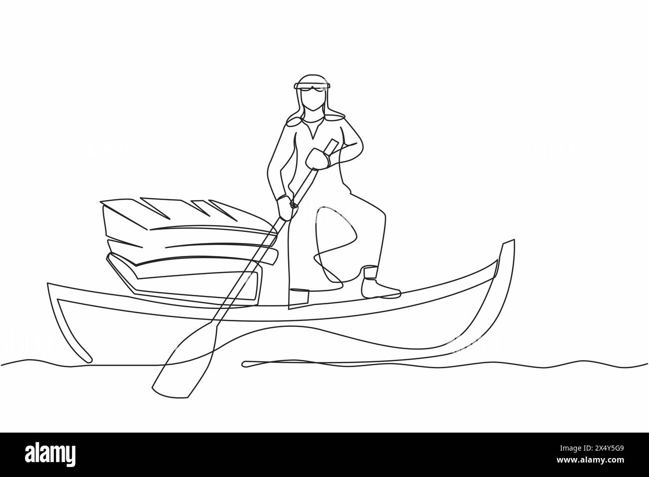 Single continuous line drawing Arab businessman sailing away on boat ...