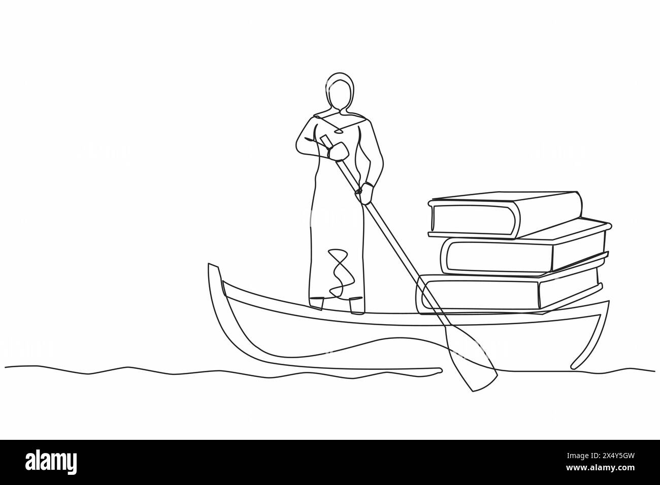 Single continuous line drawing Arab businesswoman standing in boat and ...