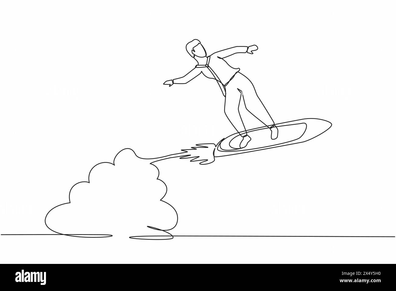 Single one line drawing businessman riding surfing board rocket flying ...
