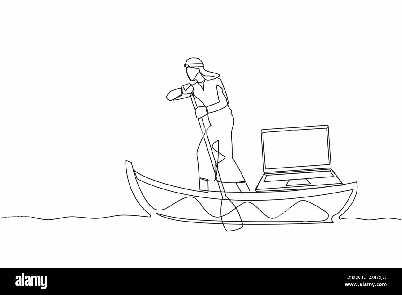 Single one line drawing Arabian businessman sailing away on boat with ...