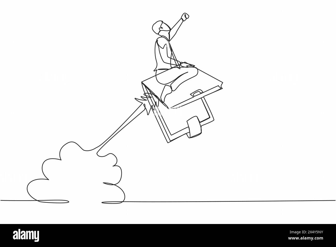 Single one line drawing businessman riding wallet rocket flying in the ...