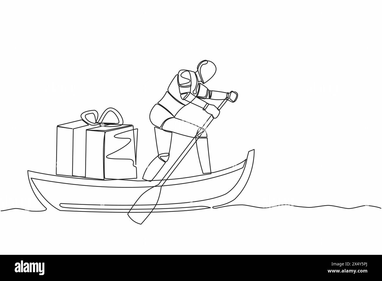 Single continuous line drawing robot sailing away on boat with gift box ...