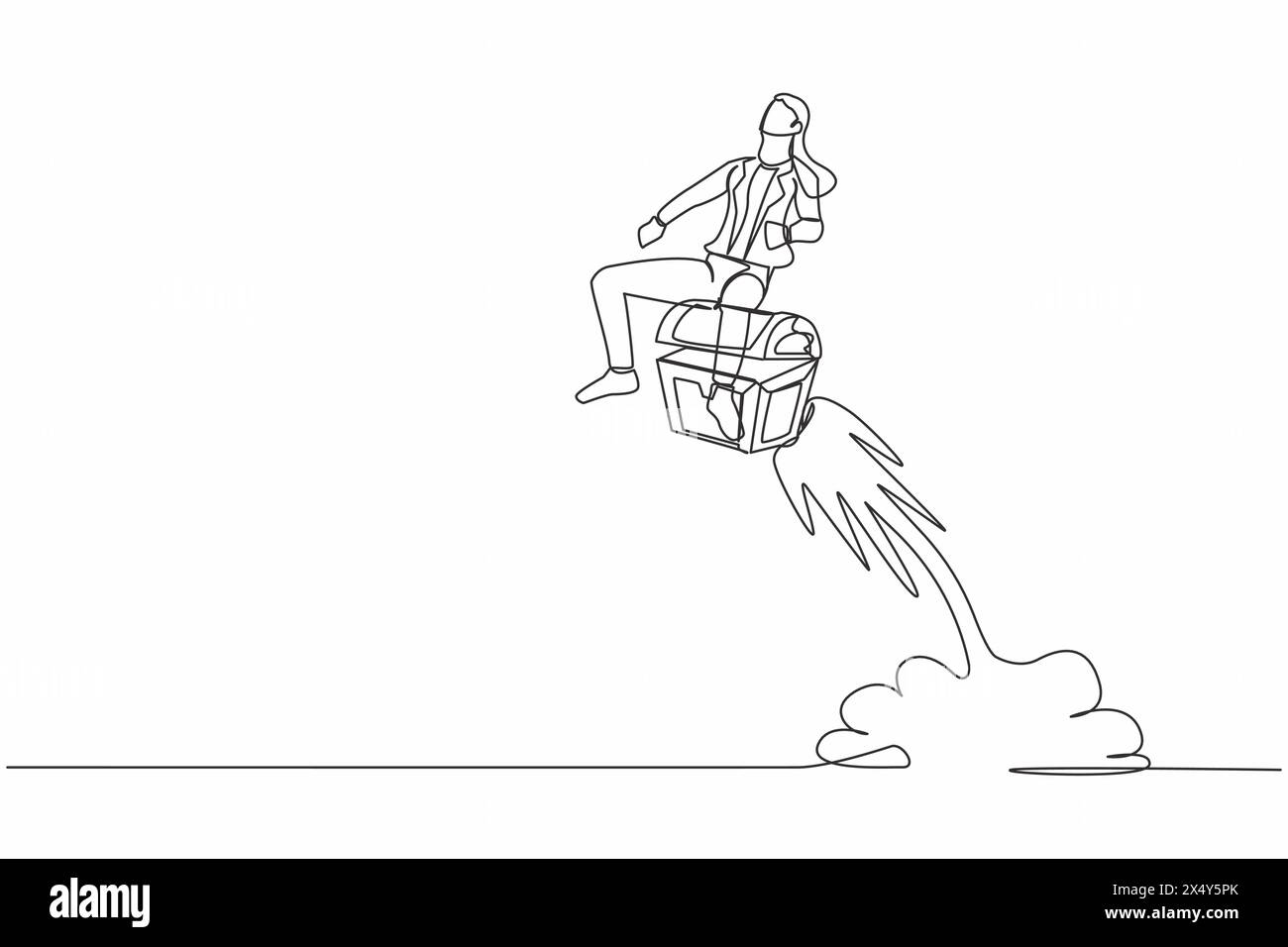 Single one line drawing businesswoman riding treasure chest rocket ...
