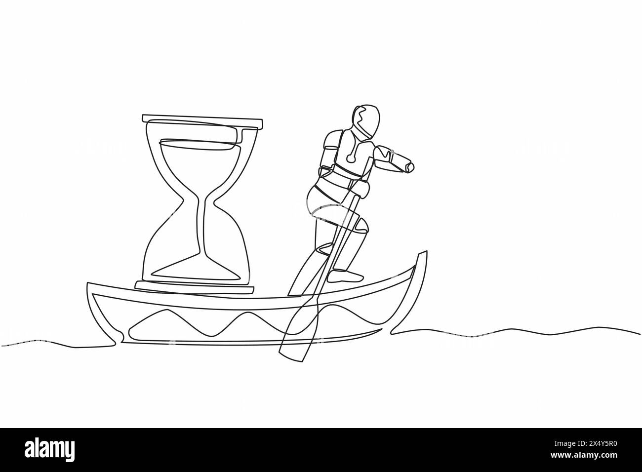 Single continuous line drawing robot sailing away on boat with ...