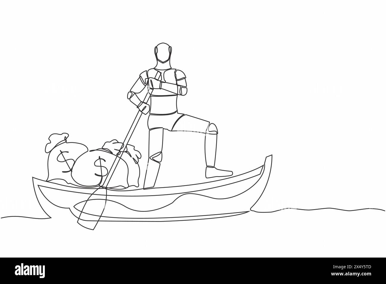 Continuous one line drawing robot sailing away on boat with stack of ...