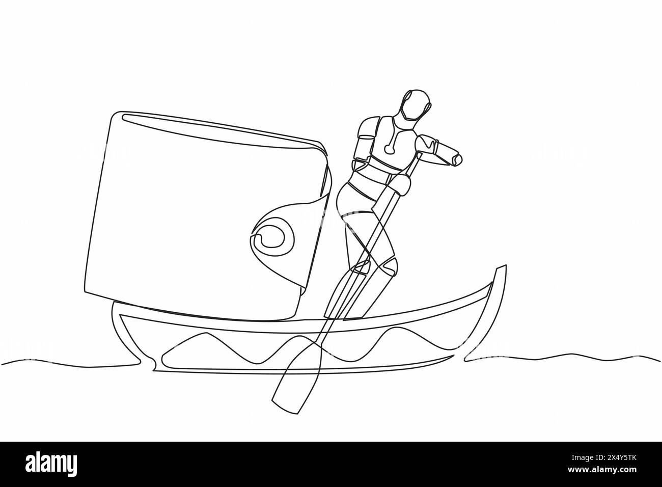 Single continuous line drawing robot sailing away on boat with purse ...