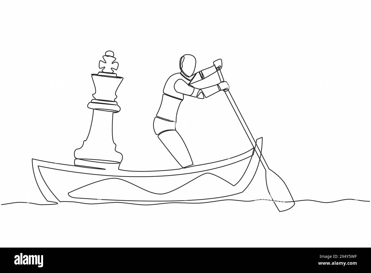 Single continuous line drawing robot sailing away on boat with chess ...