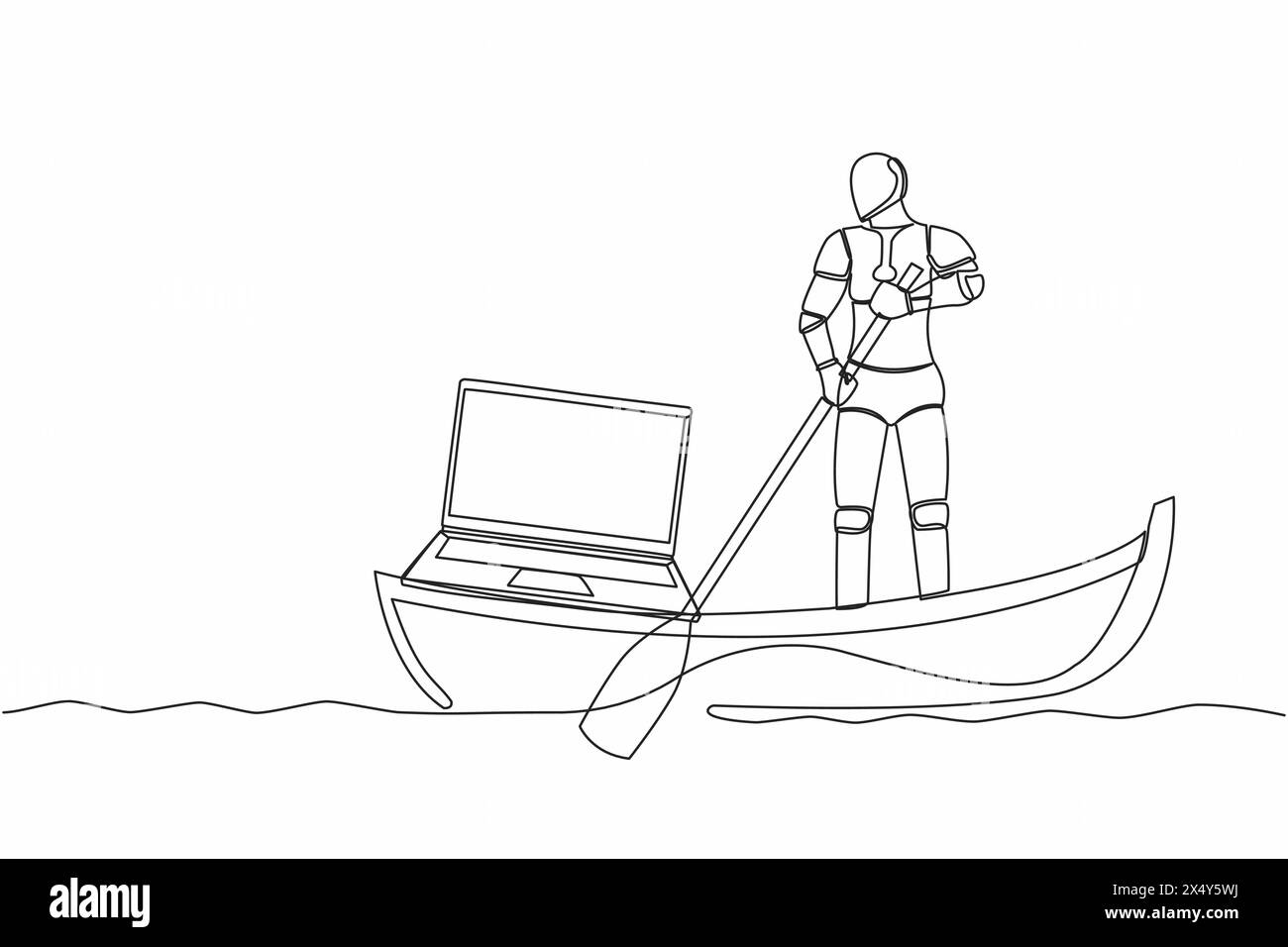 Single one line drawing of robot sailing away on boat with laptop ...