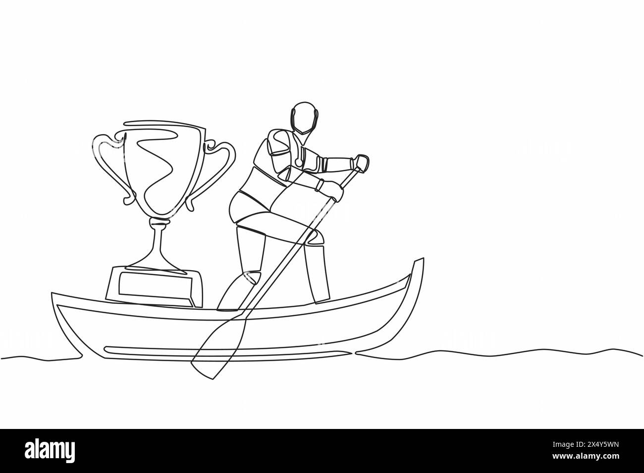 Single continuous line drawing smart robot sailing away on boat with ...