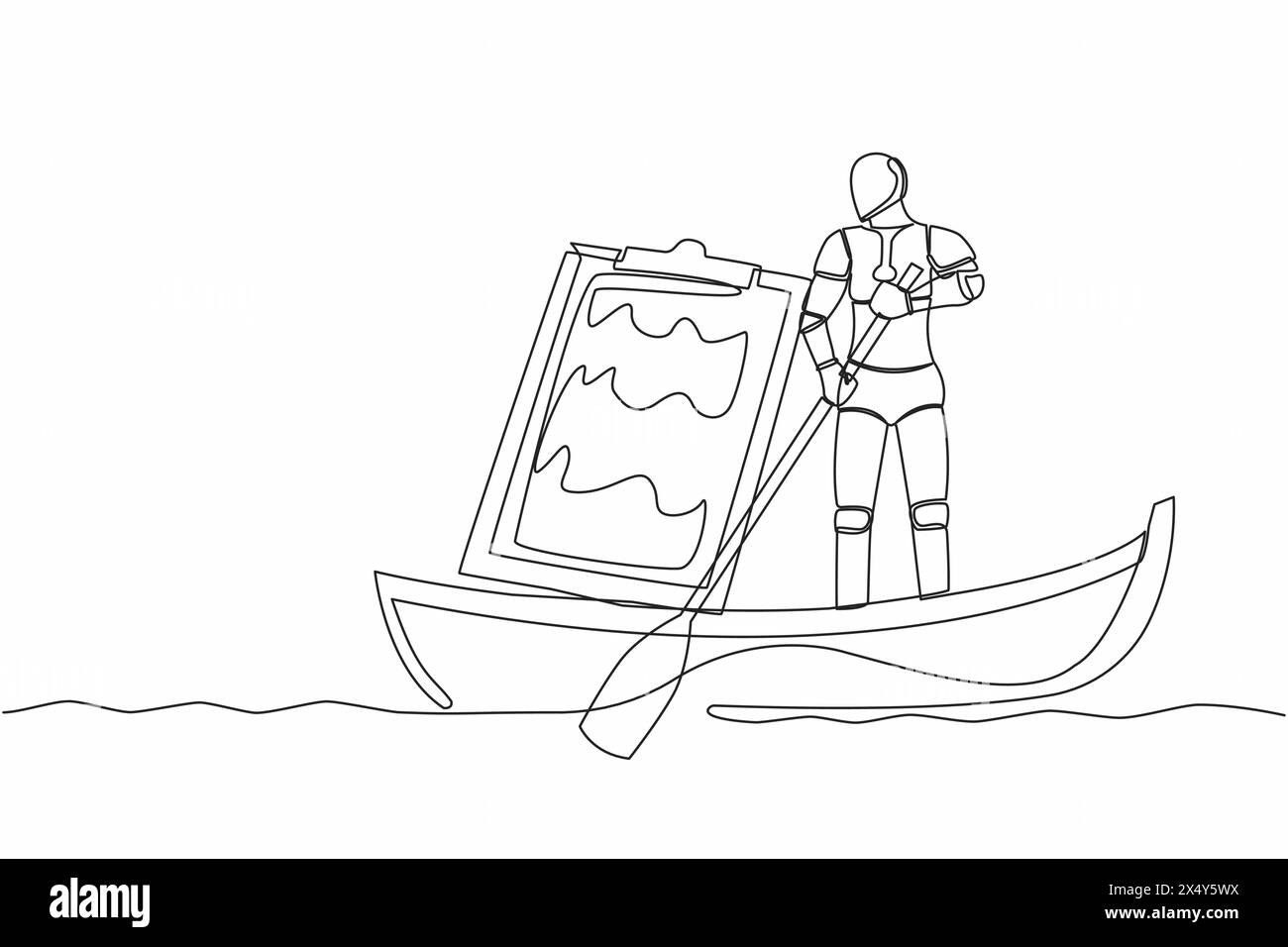 Single continuous line drawing robot sailing away on boat with ...