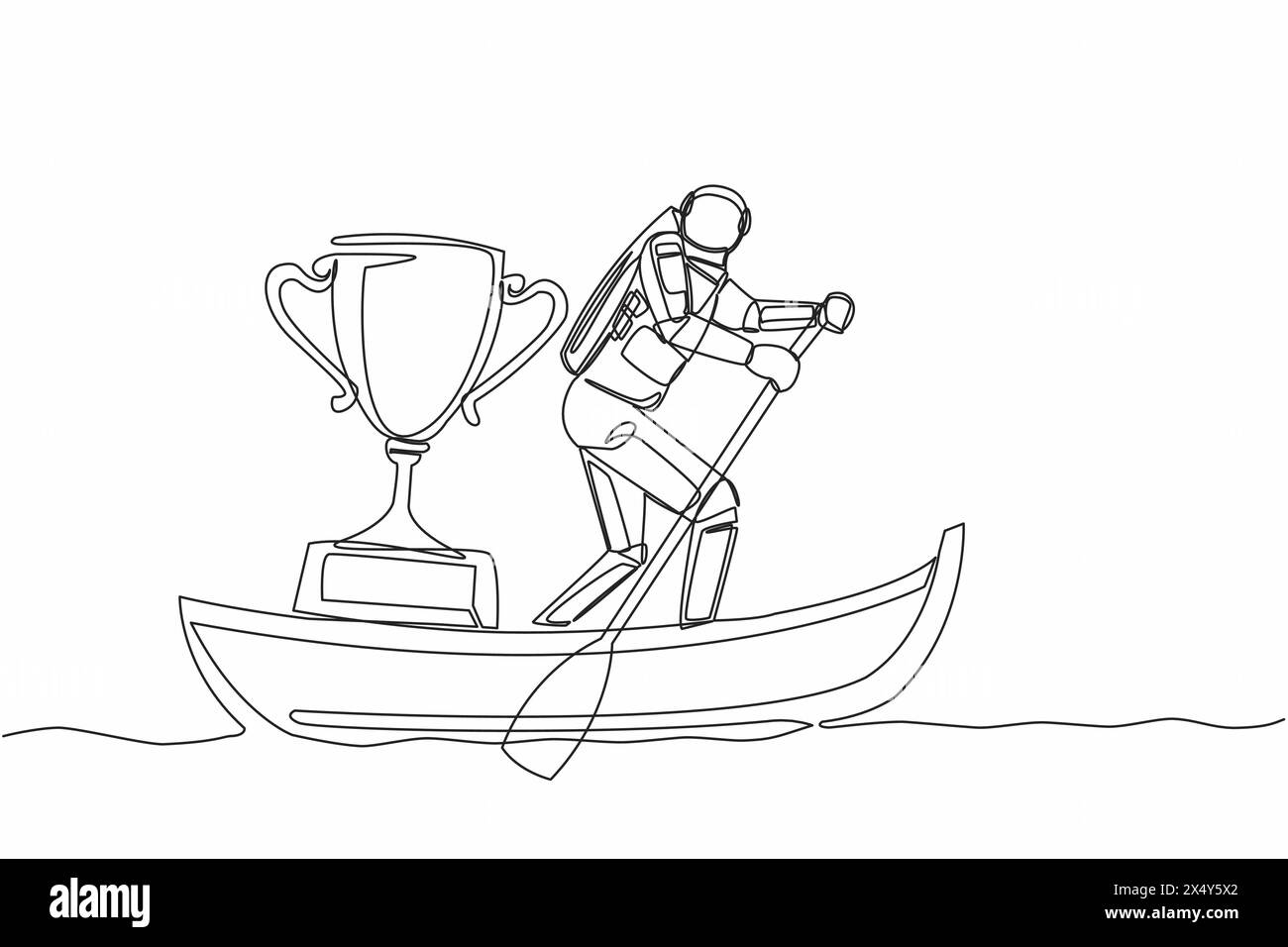 Single continuous line drawing young astronaut sailing away on boat ...