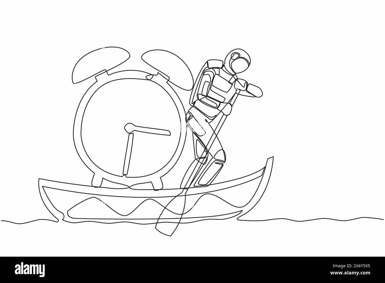 Continuous one line drawing of young astronaut sailing away on boat ...