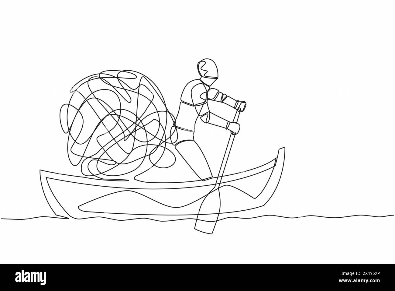 Continuous one line drawing robot sailing away on boat with messy line ...