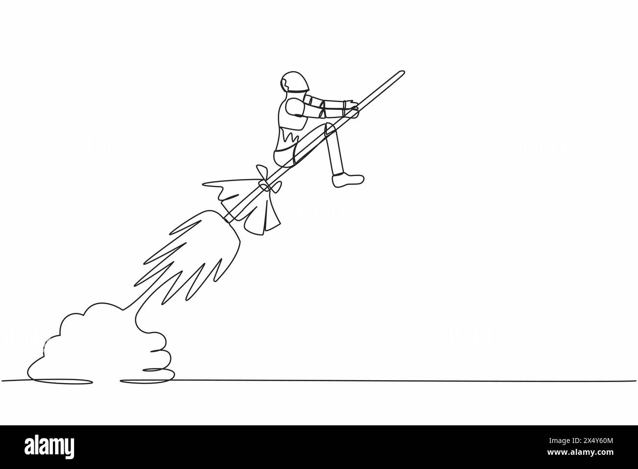Continuous one line drawing robot riding broom rocket flying in the sky ...
