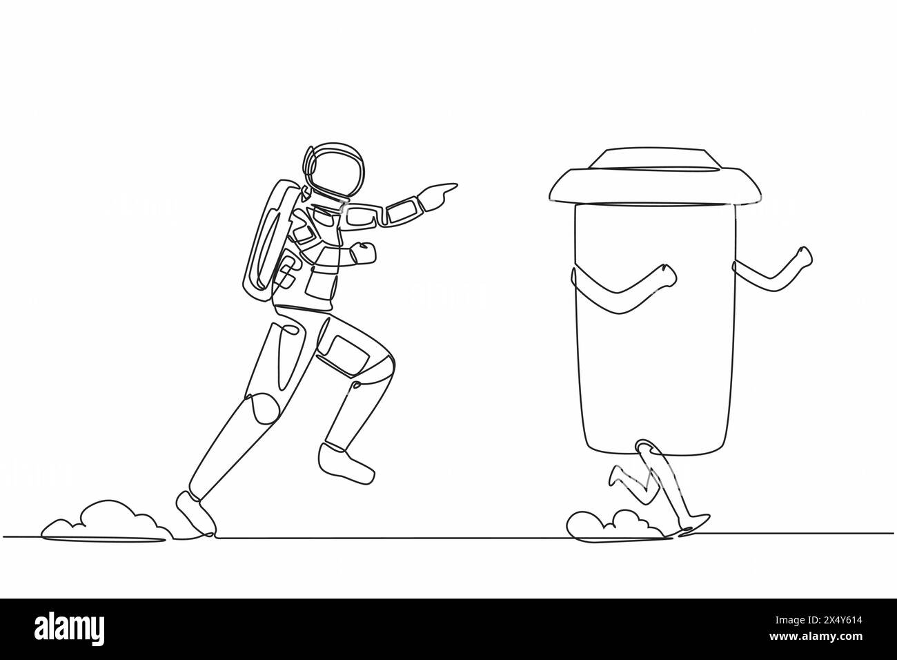 Single continuous line drawing young astronaut run chasing paper cup in ...