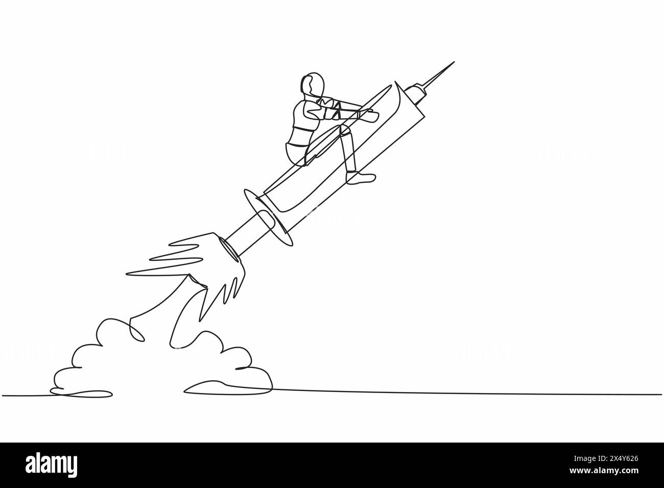 Continuous one line drawing robot riding syringe rocket flying in the ...