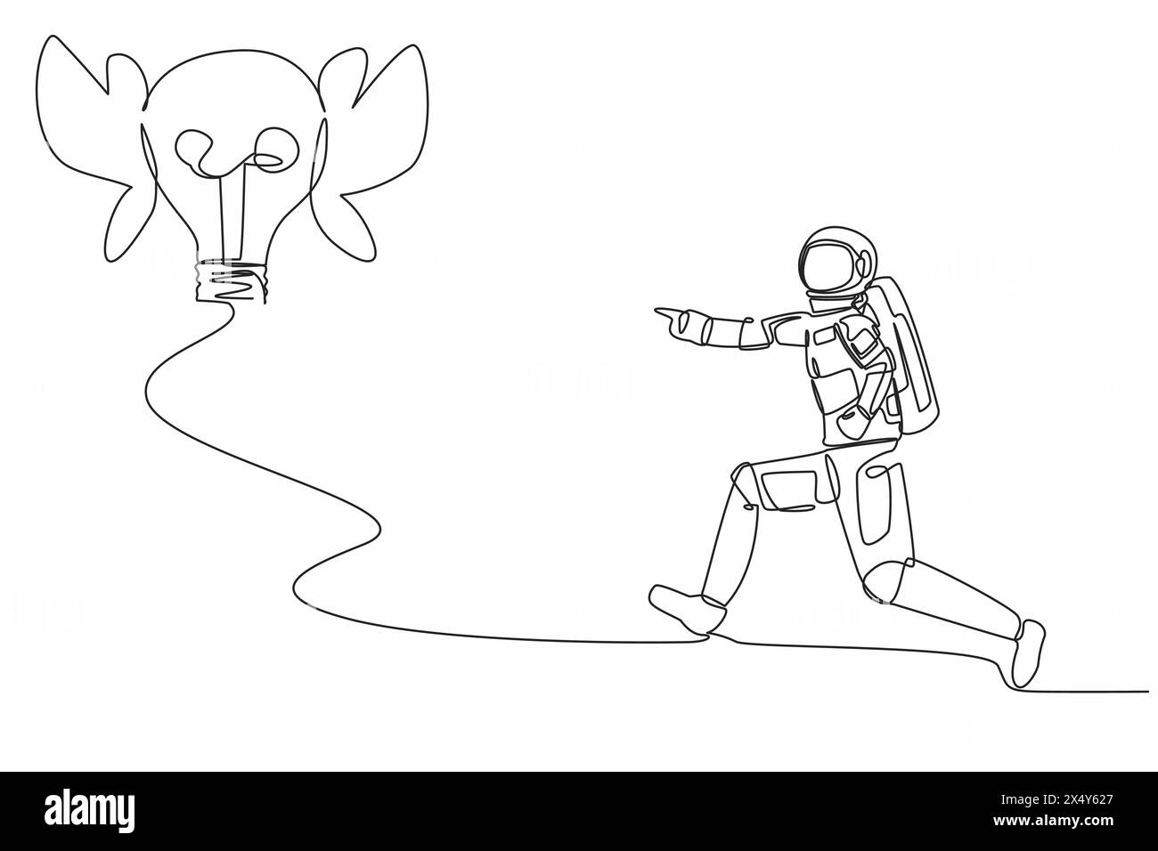 Single one line drawing young astronaut chasing flying light bulb in ...