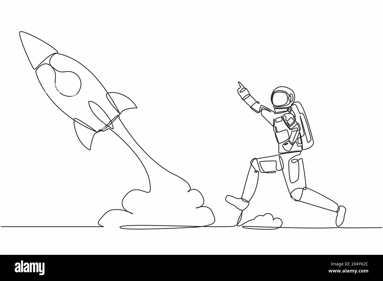 Continuous one line drawing young astronaut run chasing rocket take off ...