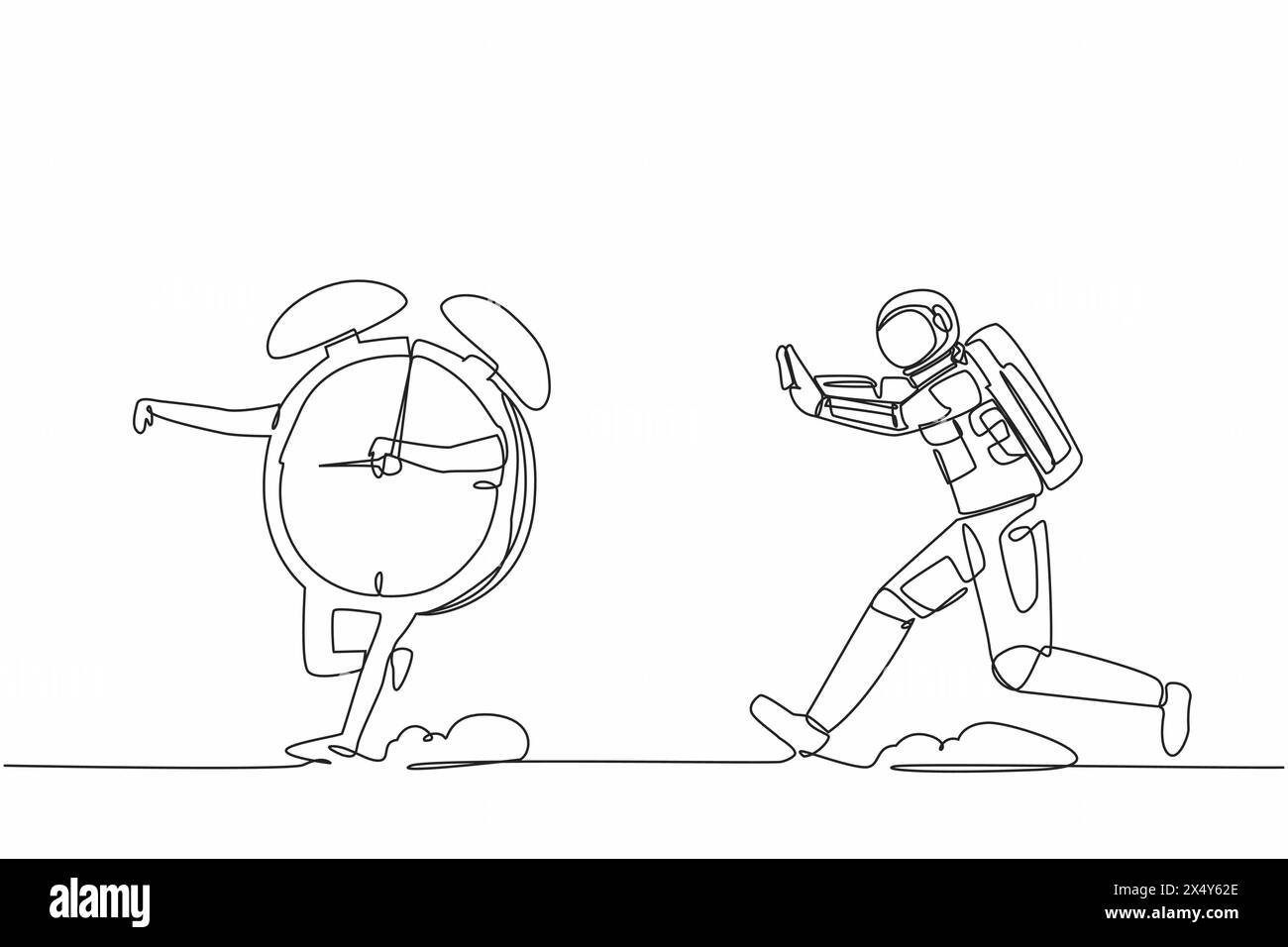 Single continuous line drawing young astronaut chasing alarm clock in ...