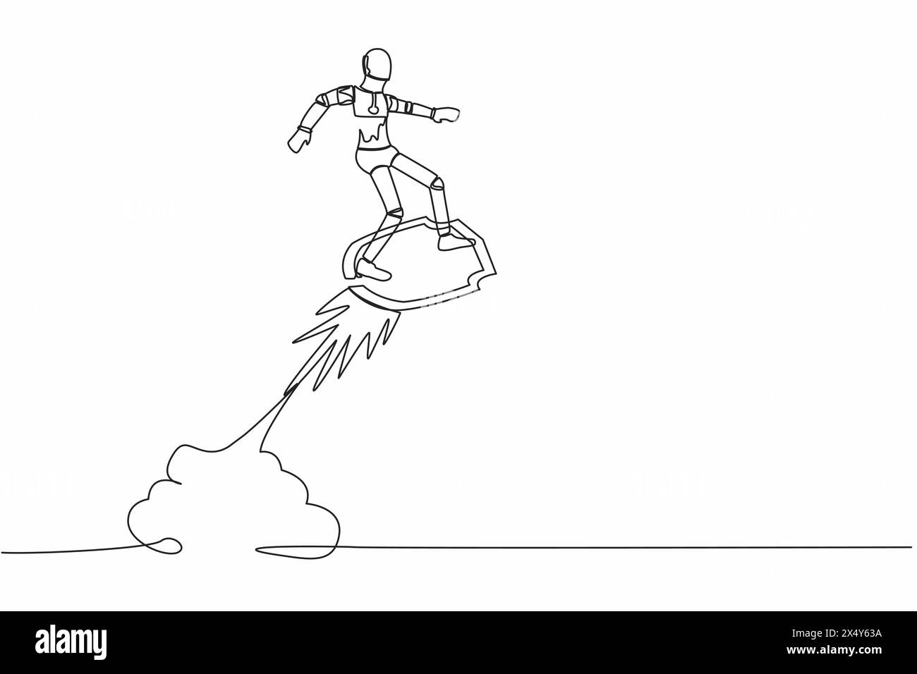 Continuous One Line Drawing Of Robot Riding Shield Rocket Flying In The