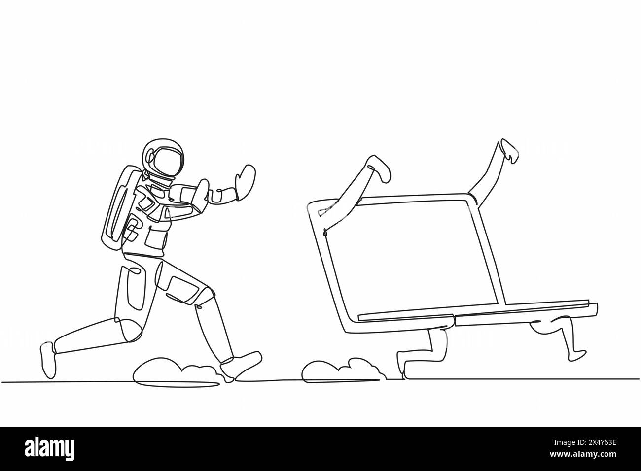 Single one line drawing of young astronaut chasing laptop computer in ...