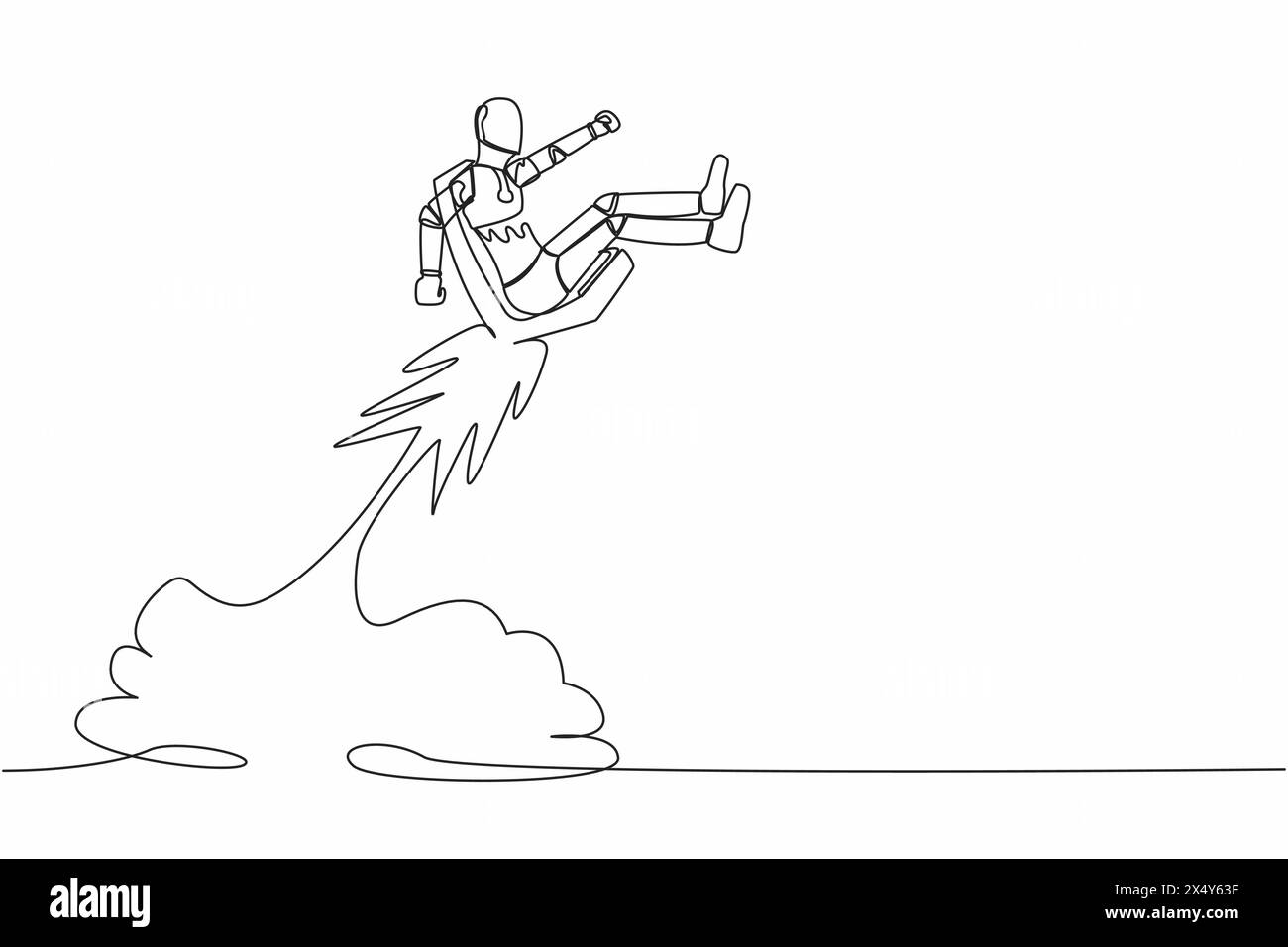 Single one line drawing robot riding office chair rocket flying in the ...