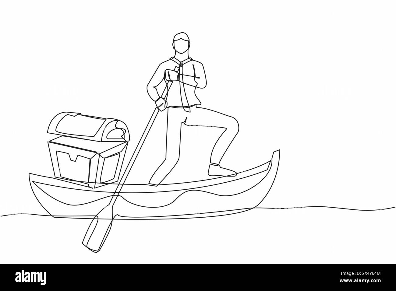 One continuous line drawing young businessman sailing away on boat with ...