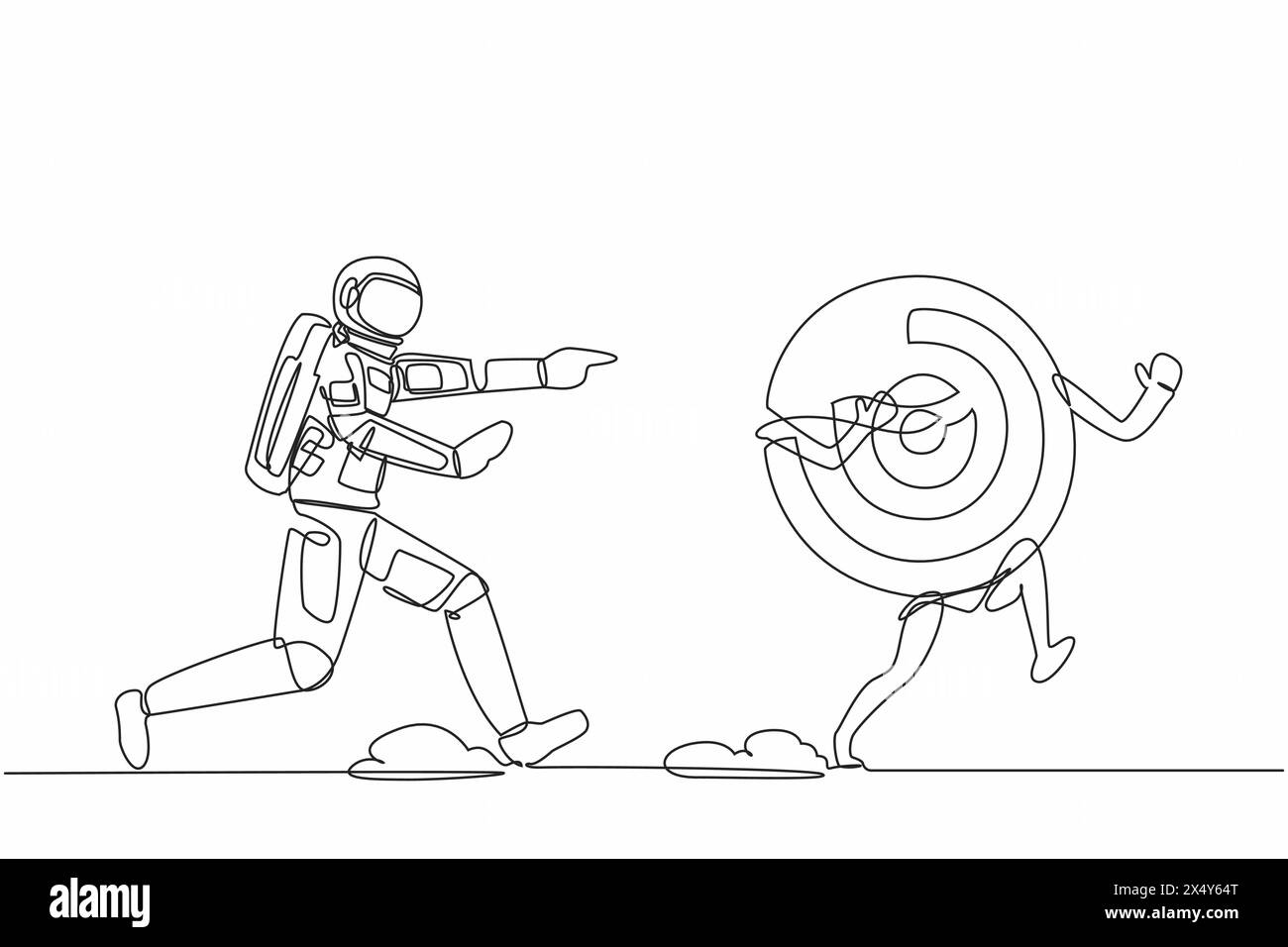 Continuous one line drawing young astronaut chase dartboard target in ...